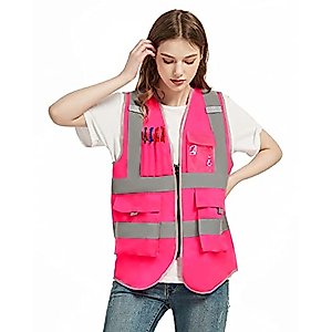 VICRR High Visibility Safety Vest with Reflective Strips, 9 Pockets Zipper Front, Construction Work Vest (Pink, s)