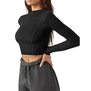 LASLULU Womens Cropped Long Sleeve Athletic Shirts Crop Tops Seamless Slim Fit Workout Yoga Sports Tops Pullover Outwear(Black Large)