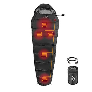Mantuole Heated Sleeping Bag 5pcs Multi USB Power Support Heating Pads,Operated with Battery Power Bank or Other USB Power Supplies, Portable Compact Bag, Mummy Style-Black.