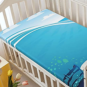 Reef Themed Fitted Mini Crib Sheets,Portable Mini Crib Sheets Soft & Stretchy Fitted Crib Sheet-Great for Boy or Girl Room or Nursery,24“ x38“,Sea Blue Multicolor