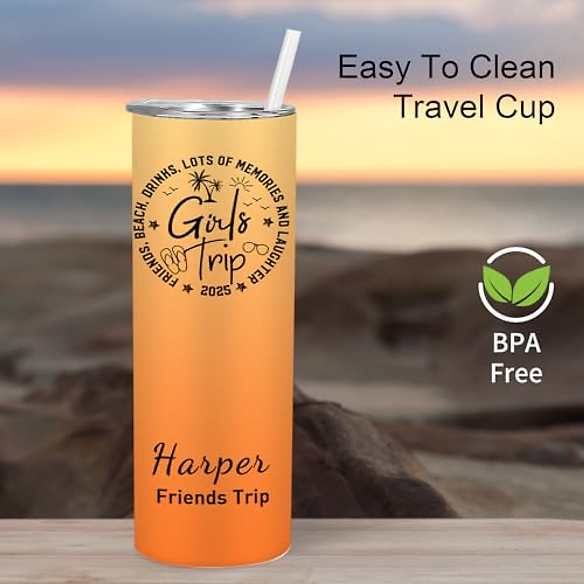 Personalized Girls Trip Tumbler, Custom Beach Vacation Tumbler with Name, Girls Weekend Gifts for Women, 2025 Girl Trip Cup Gifts, 20 oz Stainless Steel Cup with Straws, Bachelorette Party Gift