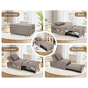 SEJOV Sleeper Sofa Chair Bed,4-in-1 Convertible Sofa Bed Chair with 6 Adjustable Backrest and Pillow, 3-Seat Pull Out Sleeper Chair Linen No Backrest for Bedroom Small Space Living Room, Grey Brown