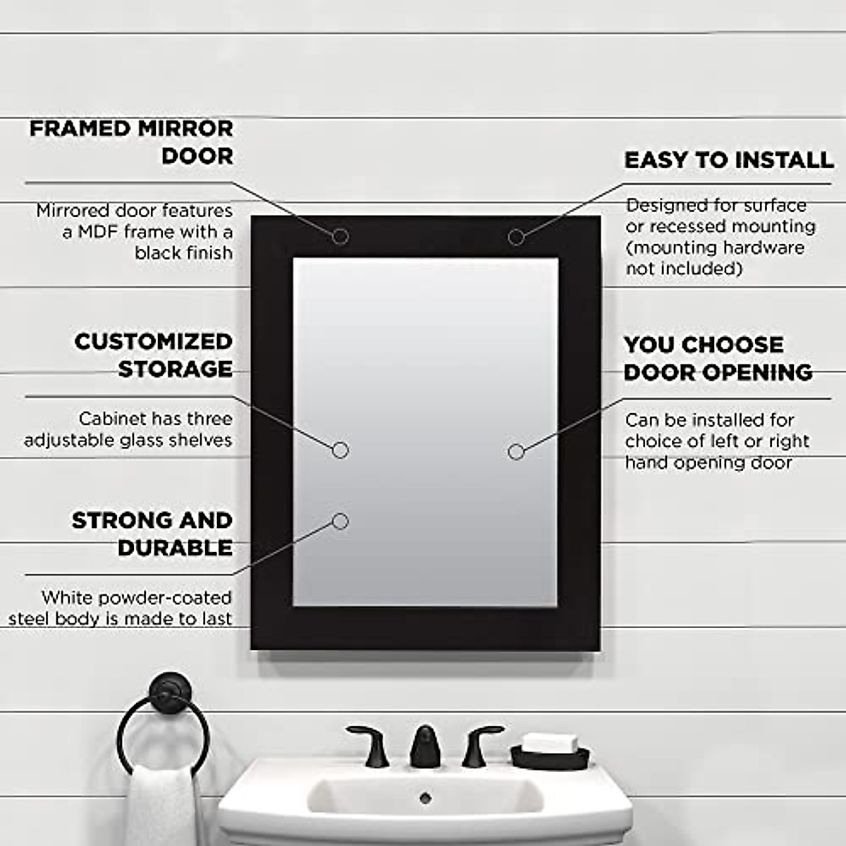Zenna Home, Black Reversible Surface/Recess Mount Framed Mirror Medicine Cabinet, 24.625 in. x 30.625, 24.625 x 30.625 inches