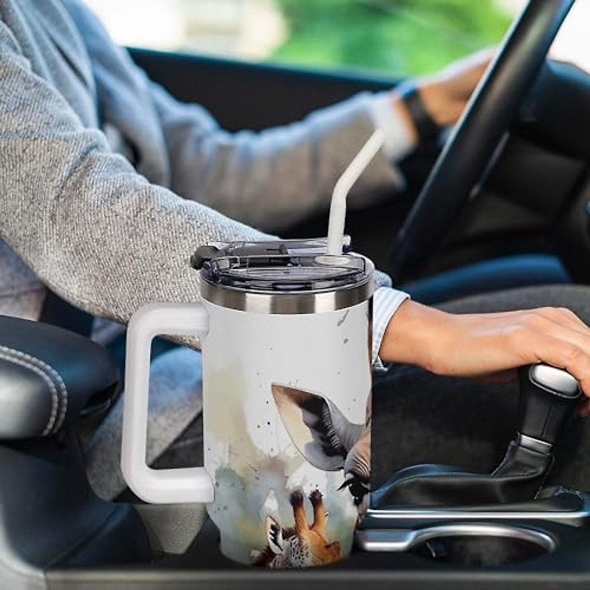 LLUTSNTH 40 Oz Vacuum Tumbler with White Handle Leakproof Insulated Tumbler Watercolor Deer Giraffe Stainless Steel Travel Mug with Lid And Straw Coffee Cup Cute Water Bottles Cup Holder Friendly