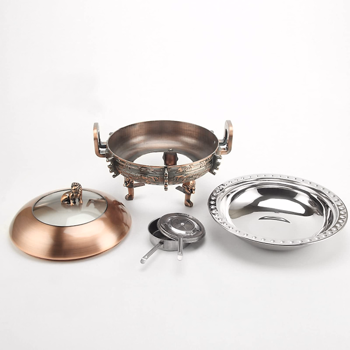 ZHIRCEKE Full Size Stainless Steel Chafing Dish Round Chafer Buffet Warmers W/Food Pans, Aluminum Stand, Visible Pot Lid and Fuel Holders,Red Copper