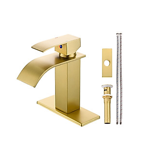 YardMonet Gold Bathroom Faucets, Modern Single Hole Bathroom Faucet Waterfall Spout Bathroom Faucet Brushed Gold Bathroom Sink Faucet with Drain Assembly and Lead-Free Hose