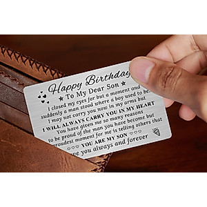 Ptzizi Happy Birthday to My Dear Son Steel Engraved Wallet Insert Card for Son Birthday Graduation Christmas Adult Gifts, A7