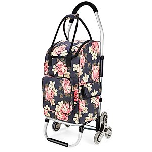 Honshine Shopping Cart on Stair Climbing Wheels, Family Size Grocery Cart with Waterproof Removable Bag & Soft Cushion Handle, Folding Trolley for Groceries Laundry Camping Book Beach (Rose)