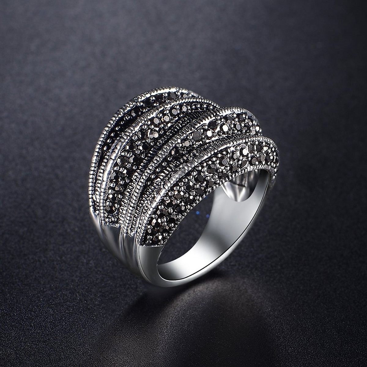 Mytys Marcasite Rings for Women Retro Black Onyx Cocktail Band Ring Statement Rings for Women (marcasite size 8)