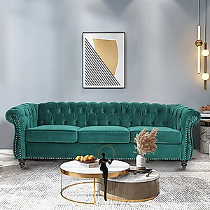 PHOYAL Large Sofa, Velvet Sofa Three-seat Sofa Classic Tufted Chesterfield Settee Sofa Modern 3 Seater Couch Furniture Tufted Back for Living Room (Green)