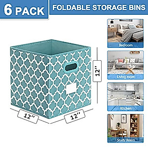 Homyfort Cube Storage Organizer Bins 12x12 - Fabric Storage Cubes Bin Foldable Baskets Square Box with Labels and Dual Plastic Handles for Shelf Closet, Nursery, Boys, Girls, Set of 6 (Teal Blue)