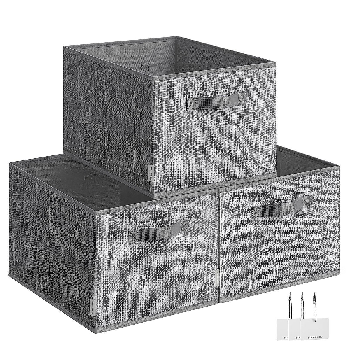SONGMICS Storage Baskets, Set of 3 Fabric Storage Bins, 15.7 x 11.8 x 9.5 Inches, Foldable Closet Organizer for Shelves, 2 Handles, Label Holders, for Bedroom, Living Room, Cattail Gray UROB440G01