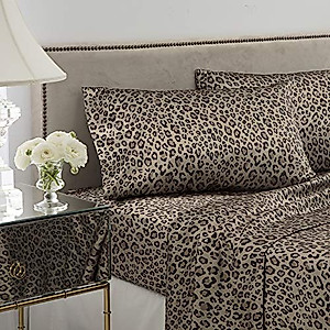 Martex Elegance Seduction 1S51606 Satin Silky Deep Pocket Easy Care Machine Washable 1 Fitted Sheet 1 Flat Sheet and 2 Pillowcases Full Size 4 Piece Leopard Animal Print Sheet Set, Full, Brown