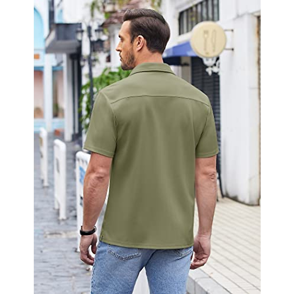 COOFANDY Men's Casual Button Down Shirts Short Sleeve Regular Fit Beach Shirt Tops Light Green
