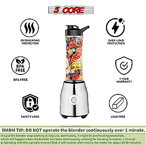 5 Core Smoothie Blender for Shakes and Smoothies, 600ml Powerful 300W Personal Bullet Blender & Smoothie Maker with Portable Bottle BPA Free 20 Oz, 4 Stainless Steel Blade, Blenders For Smoothie 5C 521