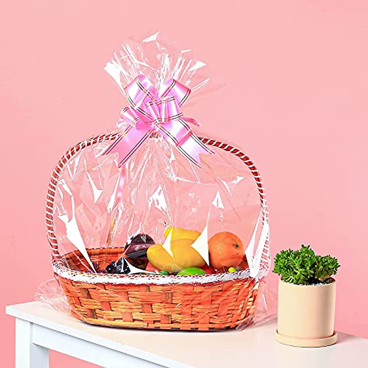 UltraOutlet 50 Packs Large Cellophane Bags 18" x 24" Clear Cellophane Gift Basket Wraps 2.3 Mil Thick Clear Cello Bags for Fruit Basket, Gift Wrap, Treats, Arts and Crafts, 50ct Ribbon Bows