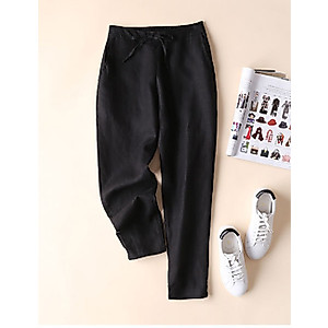 IXIMO Women's Tapered Pants 100% Linen Drawstring Back Elastic Waist Pants Trousers with Pockets Black L