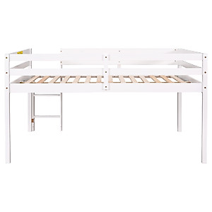 Harper & Bright Designs Low Loft Bed Full Size, Wood Loft Bed with Ladder, Full Loft Bed Frame with Safety Guardrail for Kids Teens Boys Girls (White, Space-Saving)