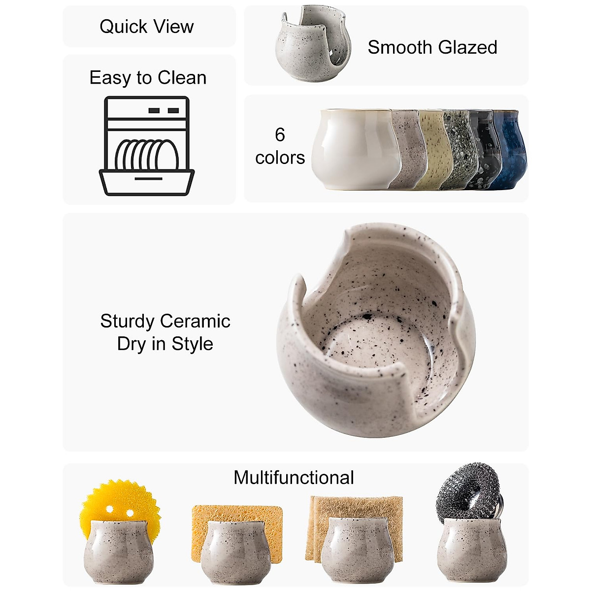 Zoeeker Sponge Holder for Kitchen Sink, Ceramic Dish Sponge Drying Caddy Sponge Rack Kitchen Organizer Cute Kitchen Accessories for Sink Counter, Speckled Glaze