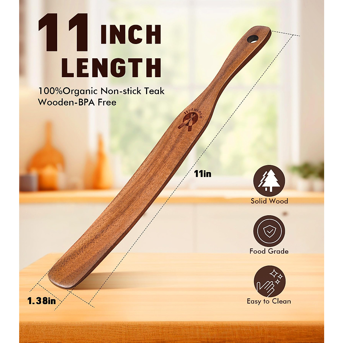 Skinny Spurtle for Sourdough Starter, Mixing, Reaching Bottom of Jar, Dough Whisk, 100% Natural from High Moist Resistance Teak, Spurtles Kitchen Tools Wooden Kitchen Utensils for NonStick Cookware