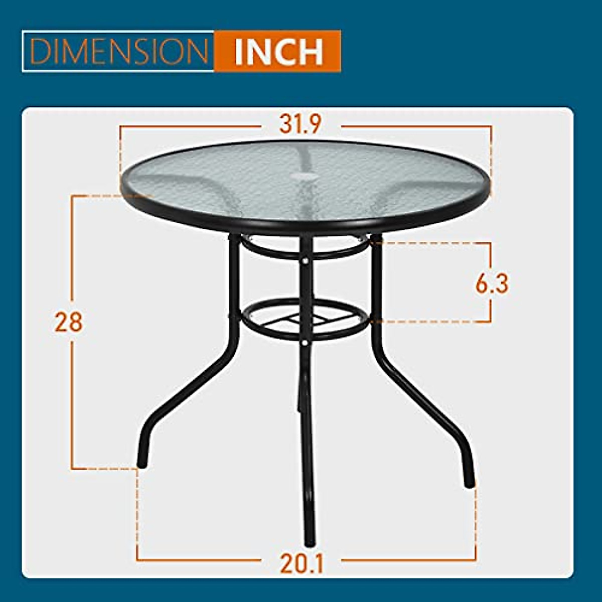 FDW with Umbrella Hole Outdoor Dining Round Tempered Glass All Weather Outside Clearance Patio Table for Yard Bistro Lawn Balcony, Black