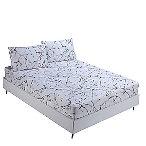 MAG Marble Bed Sheet 3Pcs White Full Size Modern Pattern Printed Bedding Sheet Set with 1*Bottom Fitted Sheet with 2*Pillowcases, 14 Inches Deep (White, Full)