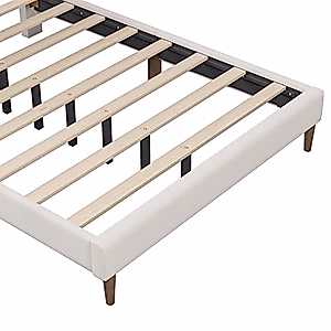P PURLOVE Queen Linen Upholstered Platform Bed, Platform Bed Frame with Vertical Channel Tufted Headboard, No Box Spring Needed, Easy Assembly, Strong Wooden Slats, Cream