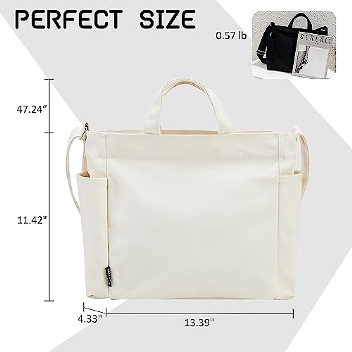Plusfeel Canvas Tote Bag, Stylish Satchel Bag Lightweight Cotton Cross Body Top Zipper Closure Handbags for Women White