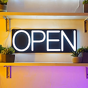 HiNeon White Neon Open Sign 20inx7in LED Open Sign w/Remote Controller, Electric Light Up Open Sign for Business Store, w/Hanging Chain for Shop Windows, Direct Plug-In w/ 12V Power Adapter