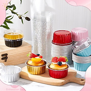 Dandat 300 Pack Aluminum Foil Cup with Lid Baking Cake Pan 5oz Disposable Ramekin Cupcake Liners Dessert Cups Mini Muffin Liner Cake Containers Flan Molds Tin for Valentine's Day Wedding Birthday
