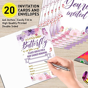 UDNADKEX Baby Shower Invitations for Girl Butterfly Purple with Envelopes, Invites for Baby Showers Party Floral, A Little Baby Butterfly Is on The Way, 4"x6" Set of 20