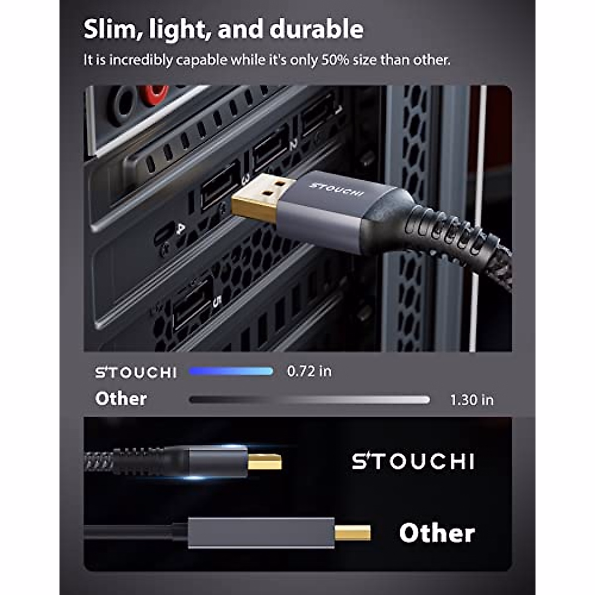 Stouchi DisplayPort Cable 1.4, 8K 6.6FT DP Cable 32.4Gbps 8K@60Hz HBR3 4K@60Hz/144Hz/120Hz 5K@60Hz 1080P@240Hz Support FreeSync G-Sync HDR10 Display Port for Gaming Monitor Graphics Card