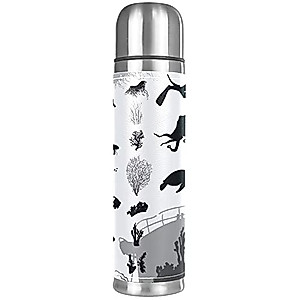 Silhouettes of Sea Fish and Animals Stainless Steel Coffee Thermos, Double Walled Insulated Water Bottle for Outdoor Sports, Office, Car (17 OZ/500ML)
