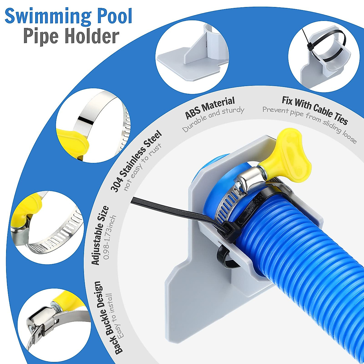 Swimming Pool Pipe Holders Plastic Above Ground Swimming Pool Hose Support Brackets with Tape and Cable Tie Stainless Steel Hose Clamps for Preventing Pipes Sagging Accessory (2, Gray)