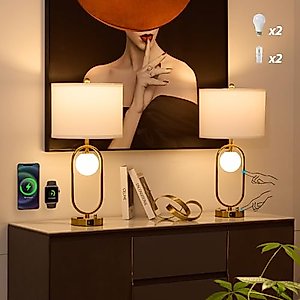 Thirdpolite Modern Table Lamps Set of 2, Touch Bedside Nightstand Lamps with USB Ports and AC Outlet, 3 Way Dimmable Desk Lamps with Fabric Shade for Bedroom, Living Room
