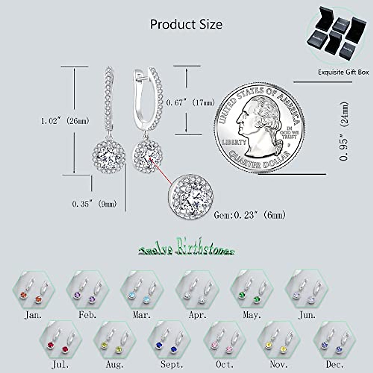 Romieka Earrings Round Birthstone Dangle Earrings 925 Sterling Silver with 14K White Gold Plated Cut June Birthstone Alexandrite Fine Jewelry For Women/Girls Gifts For Her