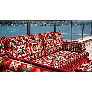 Corner Floor Seating, L Shaped Sofa Set,Turkish Sofa Set, Floor Couch, Oriental Floor Seating, Seating Sofa, Ethnic Sofa,Bohemian Furniture (L Sofa + Rug + Poufs)