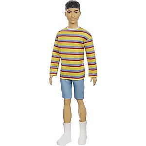 Barbie Ken Fashionistas Doll #175 with Brunette Hair Dressed in Colorful Striped Shirt, Denim Shorts and White Boots