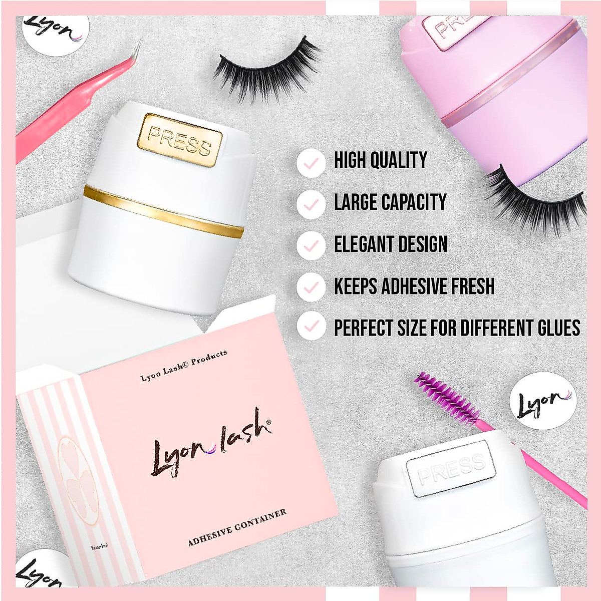 Lyon lash Glue Storage Container, White Gold, Airtight Adhesive Holder For Eyelash Extension Glues, Sealed Jar/Tank/Box/Bottle, Lashes Extensions Supplies