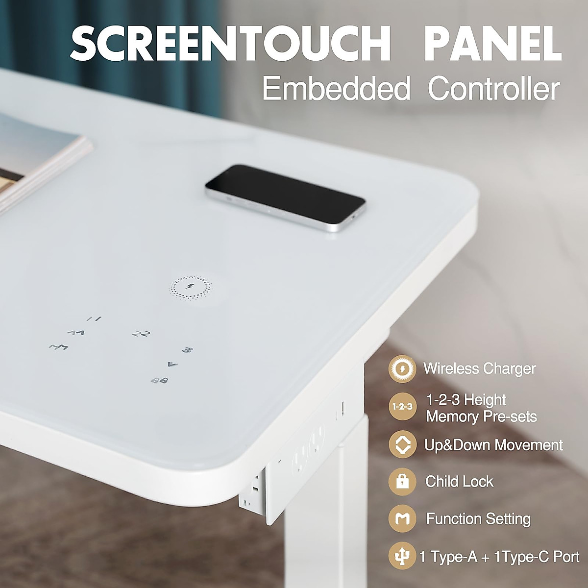 ERGOMORE Glass Standing Desk with Drawers, 45 x 23 inch Touch Control Adjustable Height Desk with Power Outlet, USB Ports & Wireless Charging, Dual Motor Sit Stand up Desk for Home & Office (White)