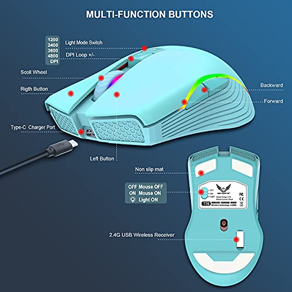 HETOETF Rechargeable Wireless Gaming Mouse, RGB LED Backlit Mouse with 4 Adjustable DPI, 7 Button, 2.4G USB Optical Gaming Ergonomic Computer Mice for Laptop PC Gamer Computer Desktop(Green)