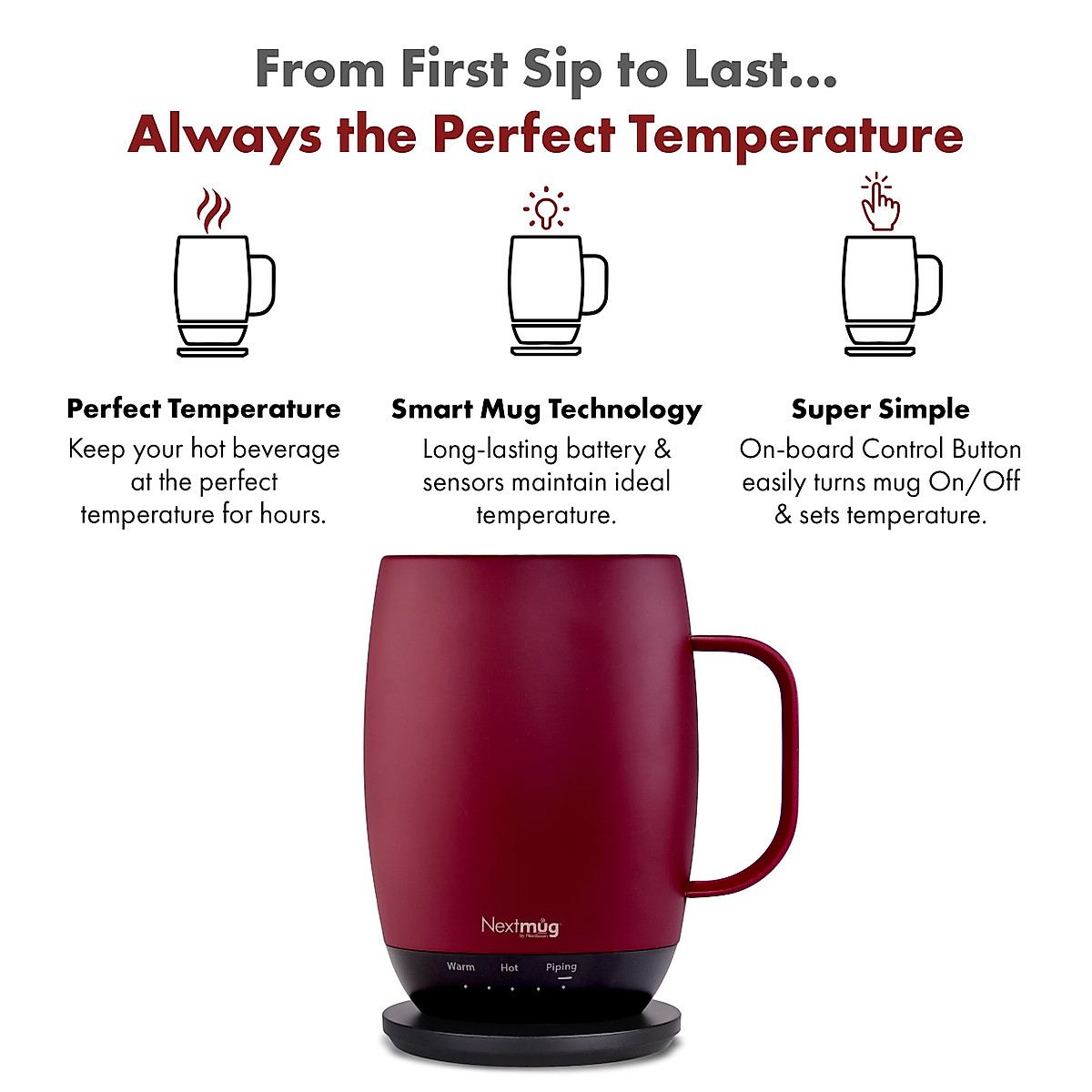 Nextmug Plus - Temperature-Controlled, Self-Heating Coffee Mug (Burgundy - 18 oz.)