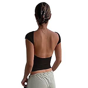 Women's Backless T-Shirts Y2K Crop Top Solid Casual Short Sleeve Sexy Vintage Cut Out 2023 Summer Fashion (Black, Small)