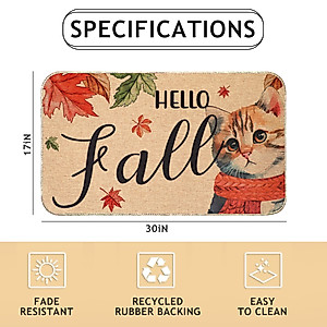 Sawowkuya Hello Fall Door Mat 30 X 17 Inch Fall Cat Doormat Indoor Outdoor Entrance Floor Mat Non Slip Autumn Thanksiving Decor Rubber Welcome Mats