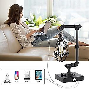 Lodstob Steampunk Lamp, Fully Stepless Dimmable Industrial Table Lamp with Dual USB Ports, Vintage Rustic Desk Lamp for Bedroom, Office, Living Room (Bulb Included)