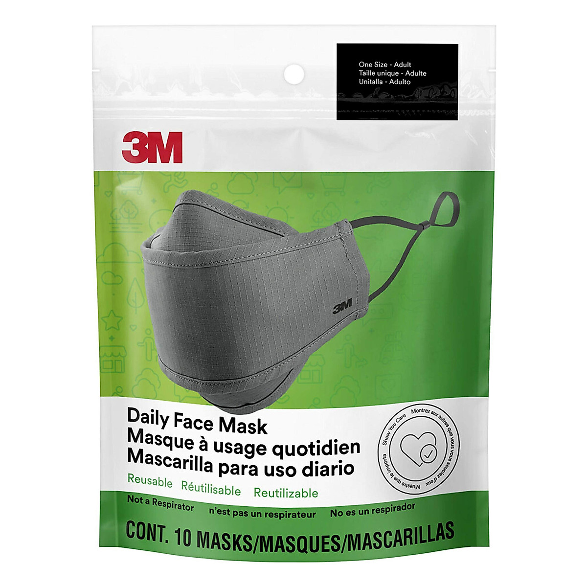 3M Daily Face Mask, Reusable, Washable, Adjustable Ear Loops, Lightweight Cotton Fabric, 12 Pack, Gray