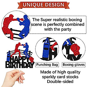 Boxing Cake Topper Bout Pugilist Infighter Beat Boxing Platform Punching Bag Glove Themed Men Kids Boy Girl Birthday Party Cake Decor Happy Bday Event Supplies Double Sided