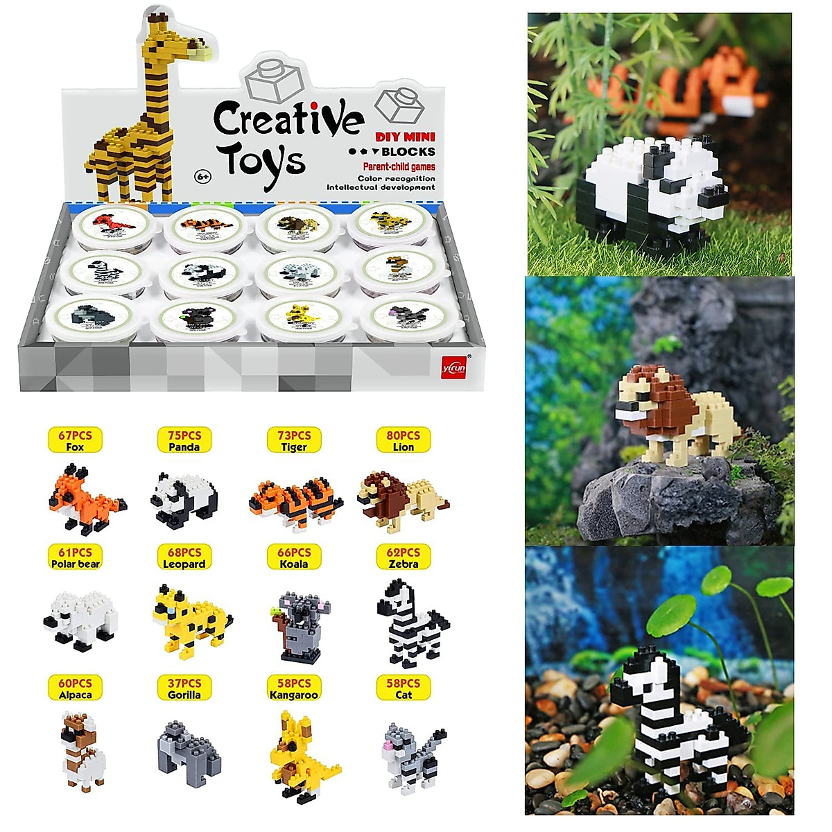 Jellydog Toy Mini Animals Building Blocks, 12PCS Party Favors Blocks Set for Kids, Prizes Birthday Gifts Goodie Bag,Cake Topper,Gift Box