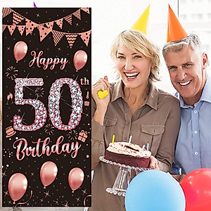 Rose Gold 50th Birthday Door Banner Decoration for Women, Large Happy 50 Birthday Door Cover Party Supplies, Fifty Year Old Birthday Poster Backdrop Decor