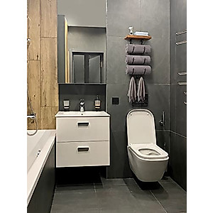 Towel Rack Wall Mounted for Bathroom, IRIIJANE Metal Bath Towel Holder Storage Hand Towels w/Wood Shelf and 3 Hooks for Small Bathroom Organizer Decor or RV Camper, Black